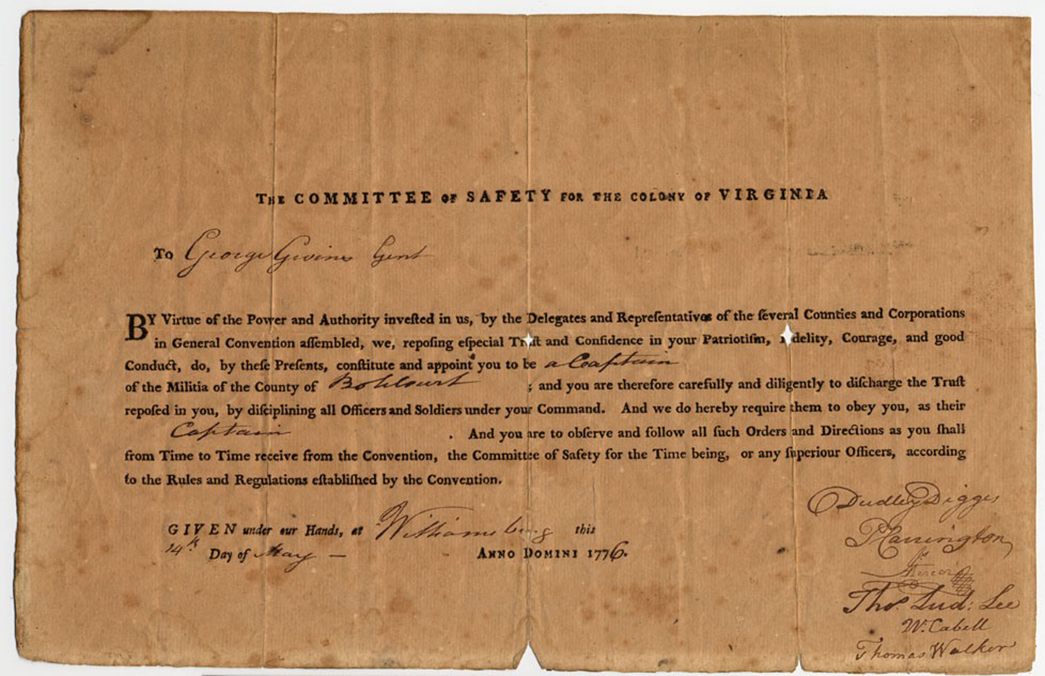 Committee Of Safety For The Colony Of Virginia Commission May 14 1776 Of George Givens 